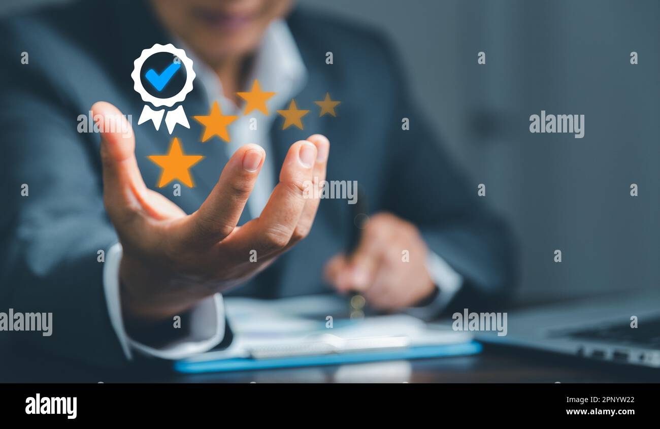 Hand shows sign of top service Quality assurance 5 star, Guarantee ...