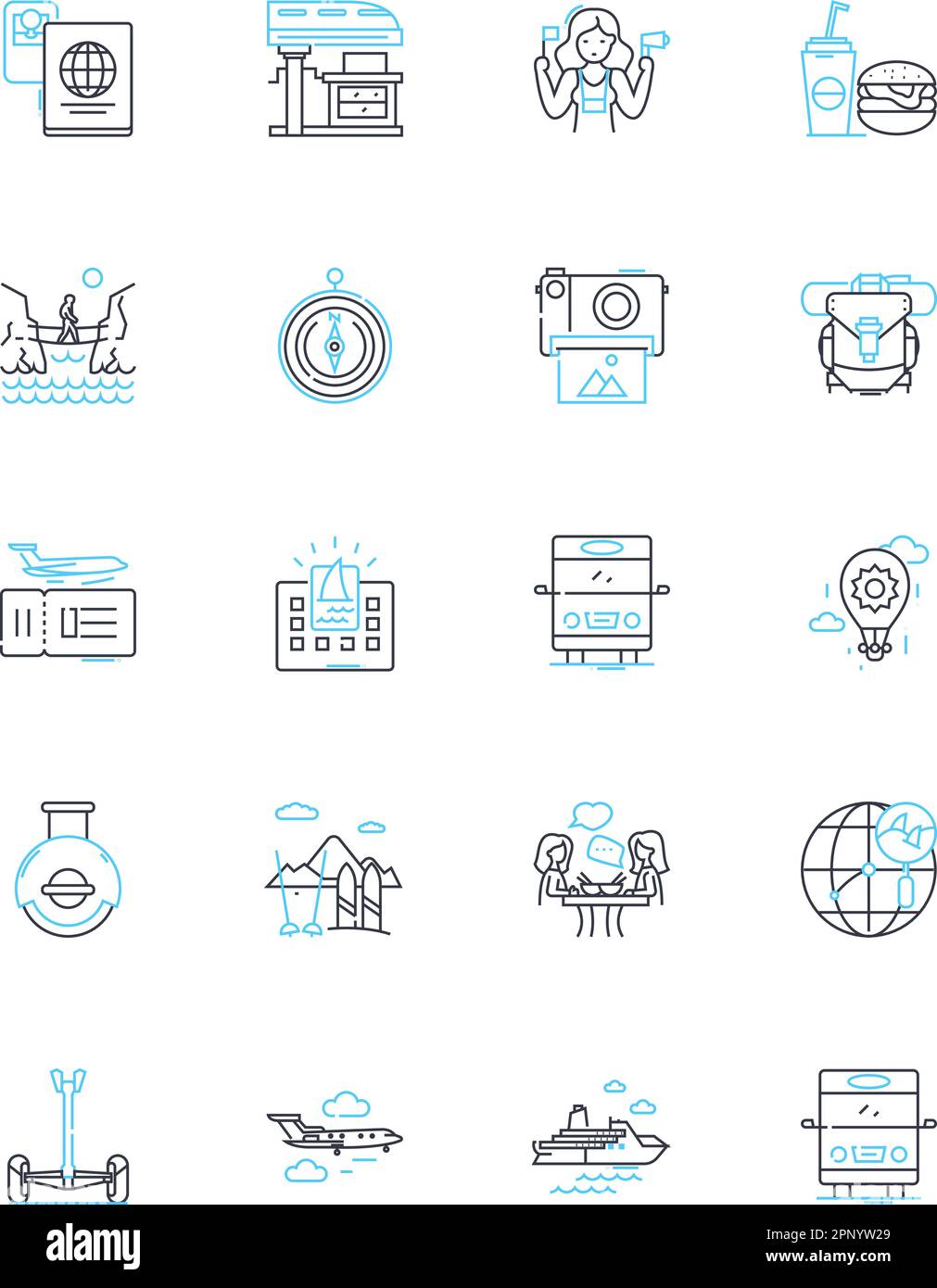 Trips linear icons set. Adventure, Safari, Excursion, Expedition, Trek ...
