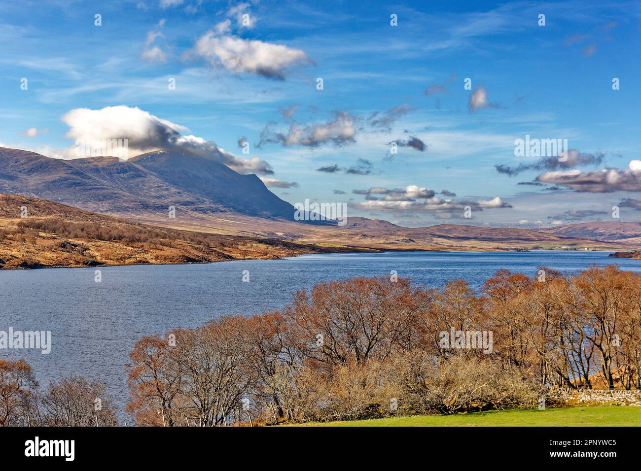 Altnaharra Sutherland Scotland blue sky and looking over Loch Naver to ...
