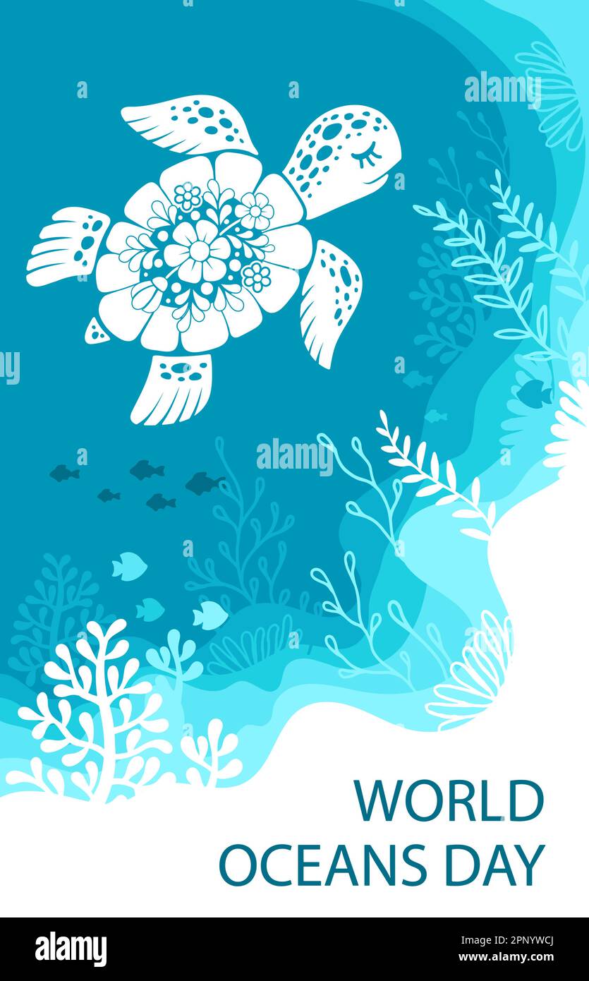 Decorative Stylized Image Of A Sea Turtle And Underwater Life World