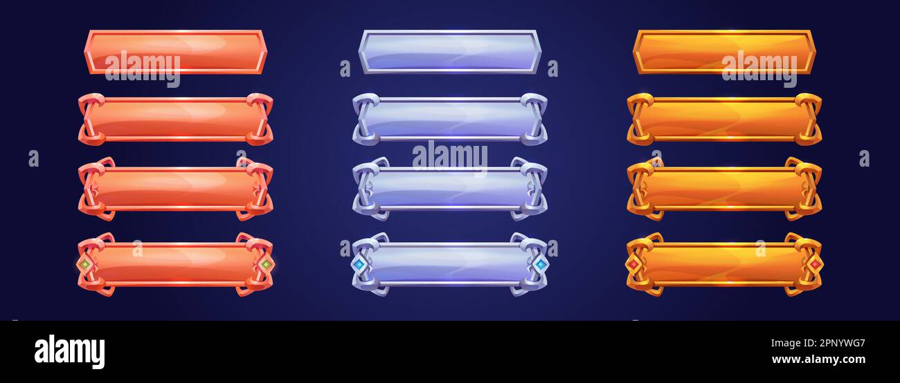 Silver and gold game name plaque frame cartoon vector button. Isolated plaque title design ...