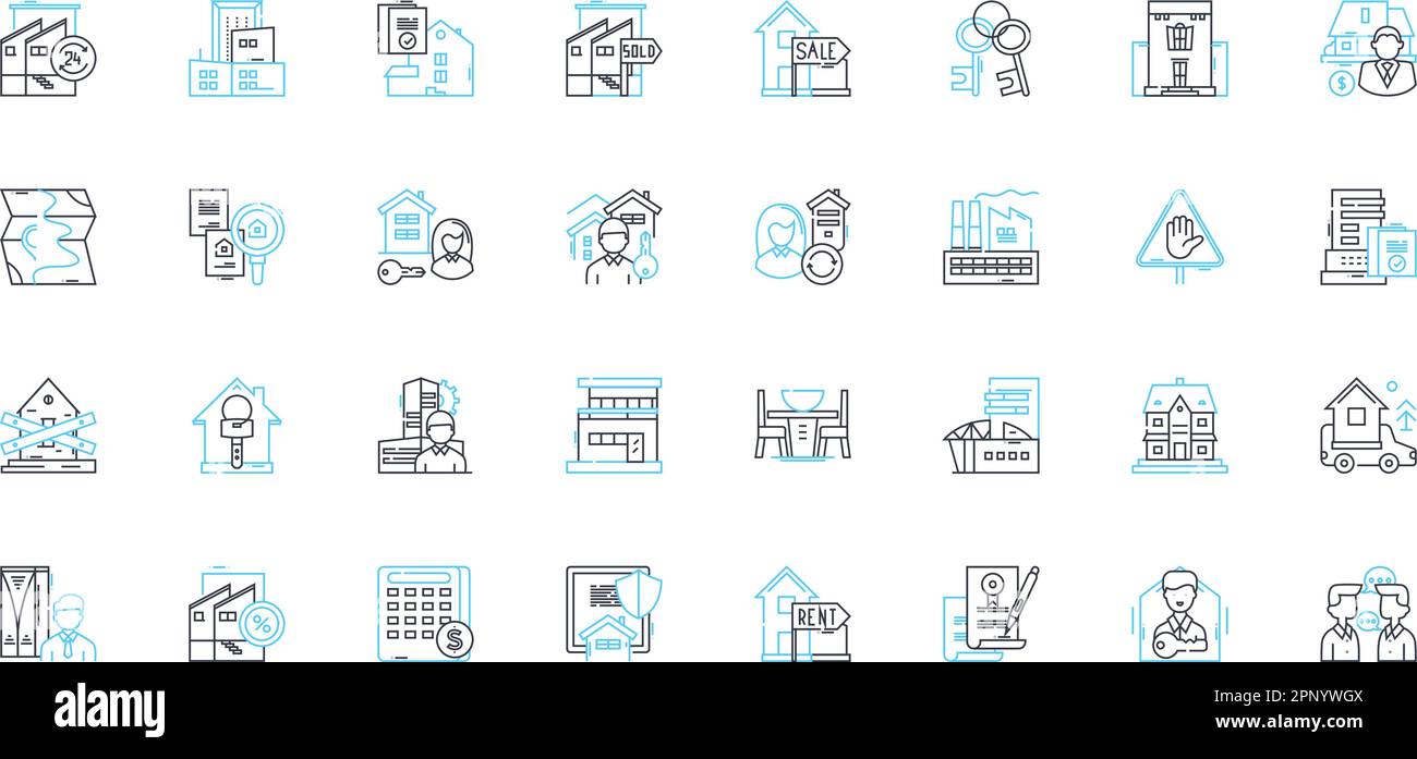 Market facility linear icons set. Hub, Bazaar, Mall, Plaza, Center ...