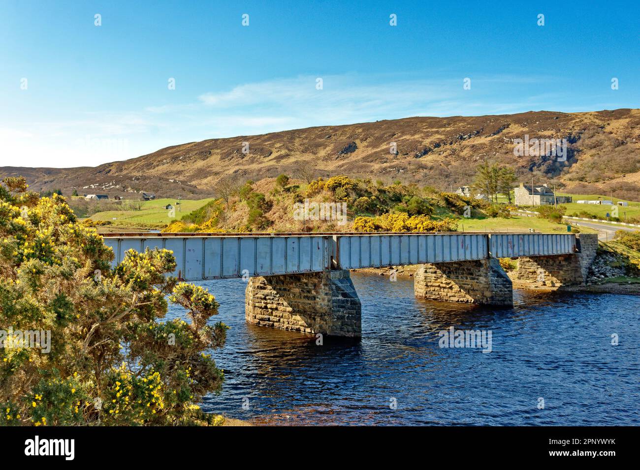Betty Hill Sutherland Scotland the rusty metal bridge carrying the A836 ...