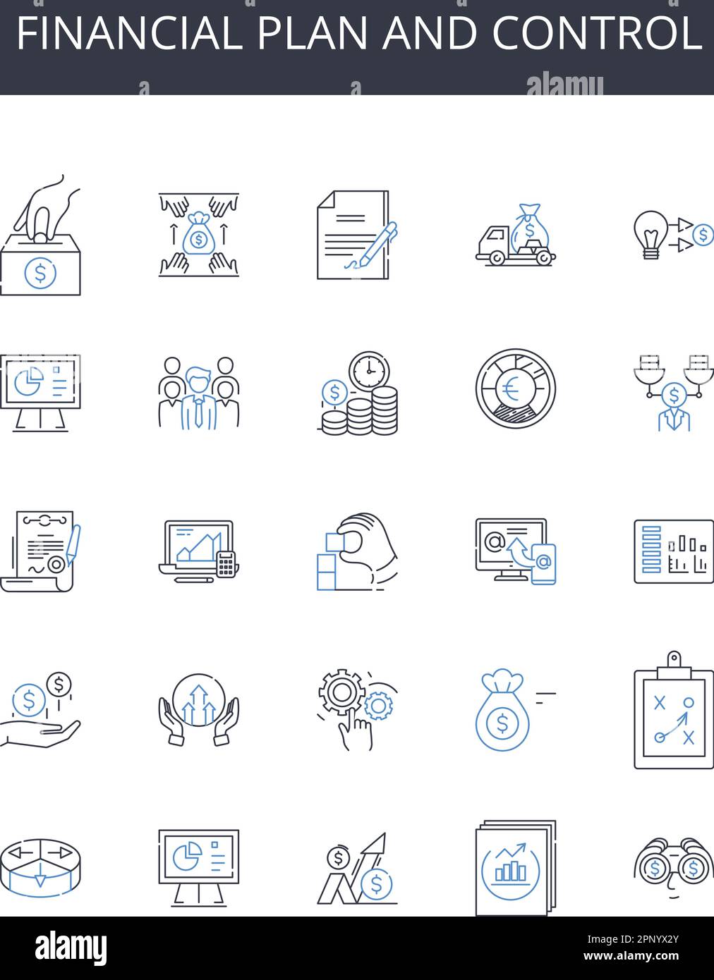 financial plan and control line icons collection. Response, Analysis, Metrics, Reports ...