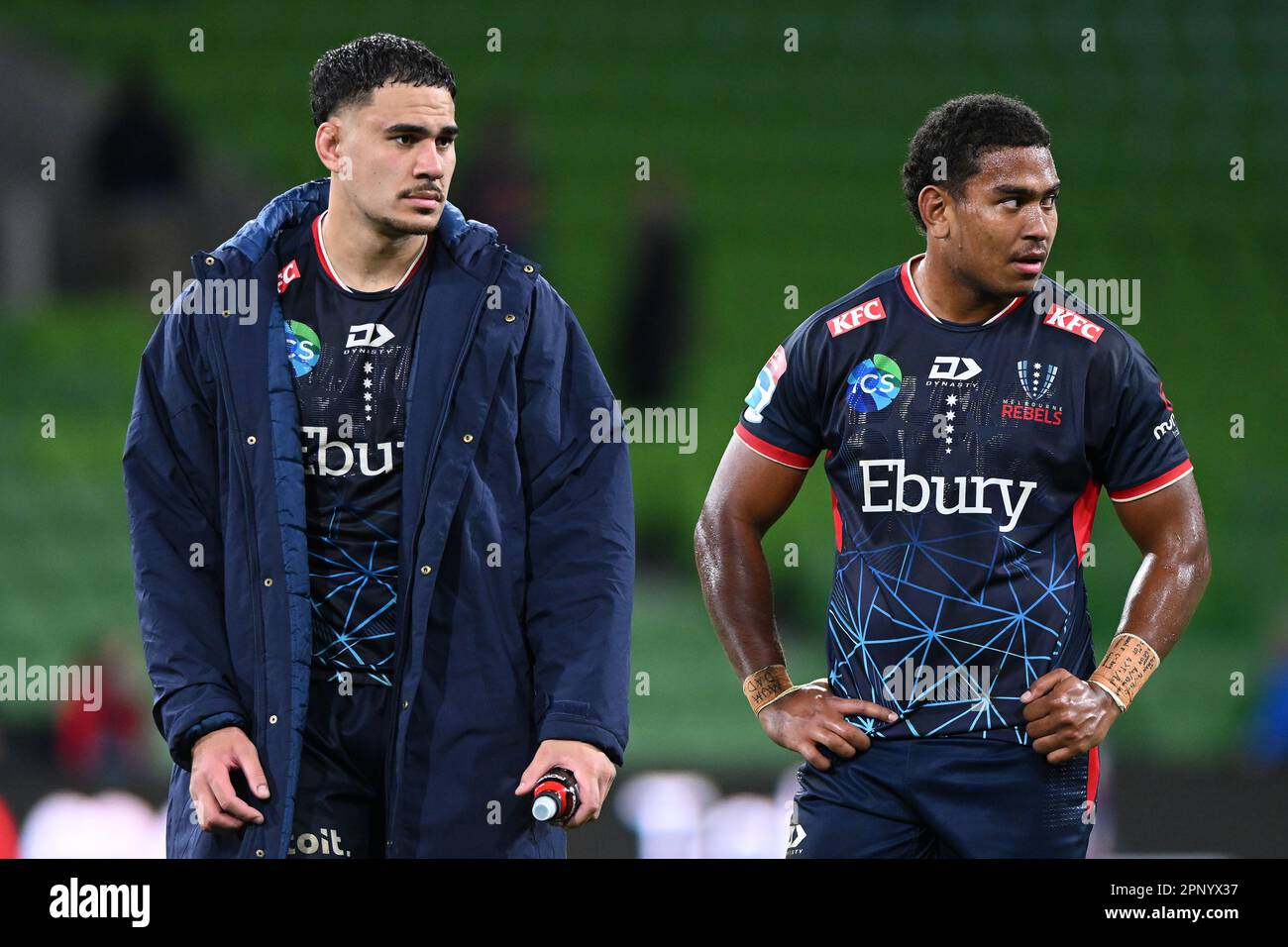 Trevor Hosea of the Rebels (left) and Angelo Smith of the Rebels look ...