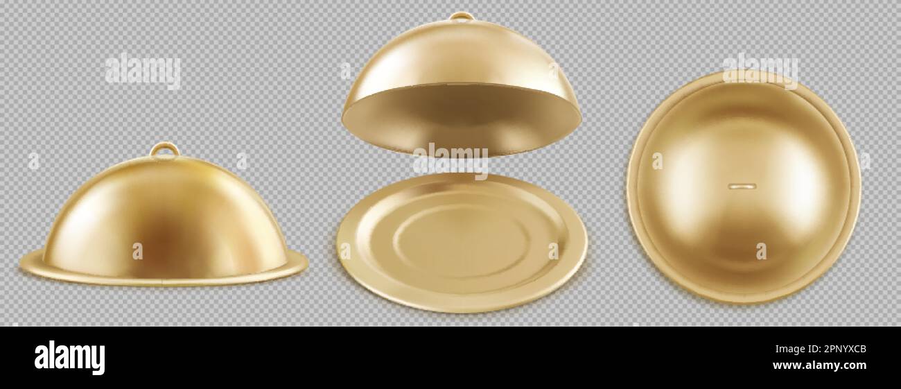 Realistic set of open and closed golden cloche food trays isolated on ...