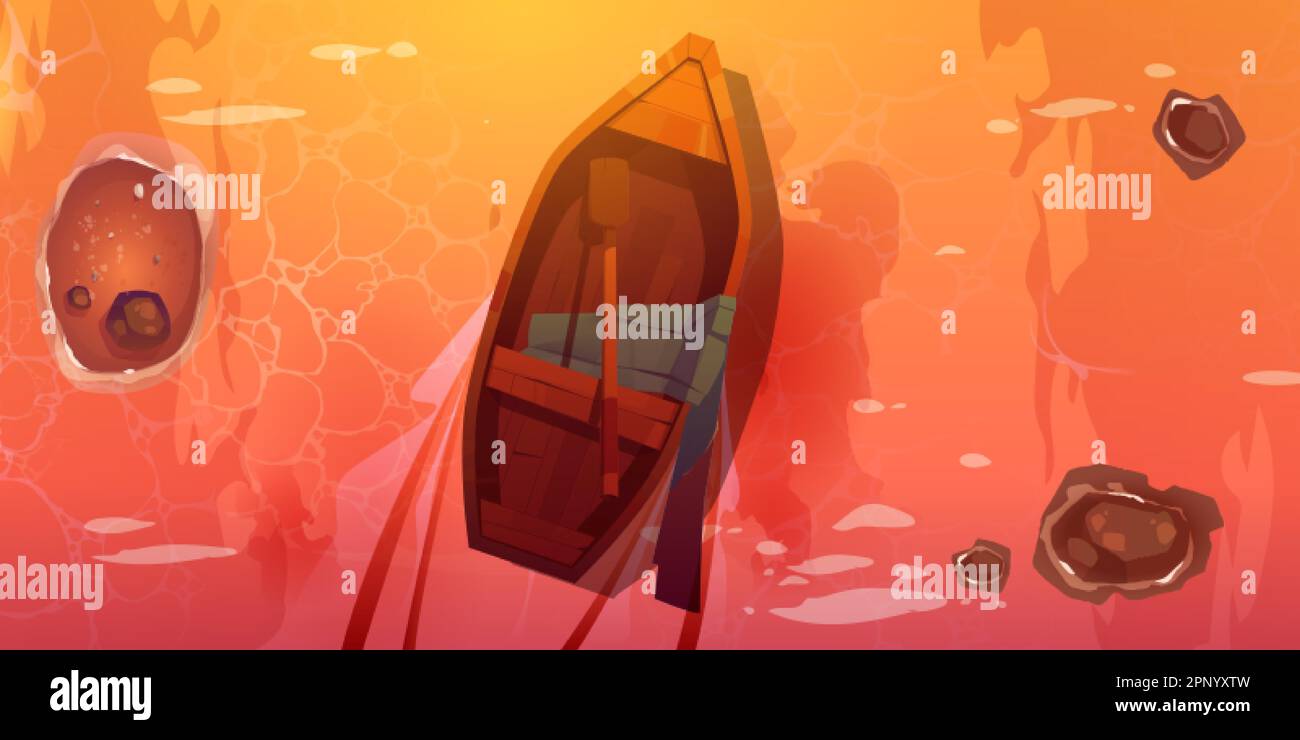 Top view boat in sea water sunset landscape cartoon illustration ...