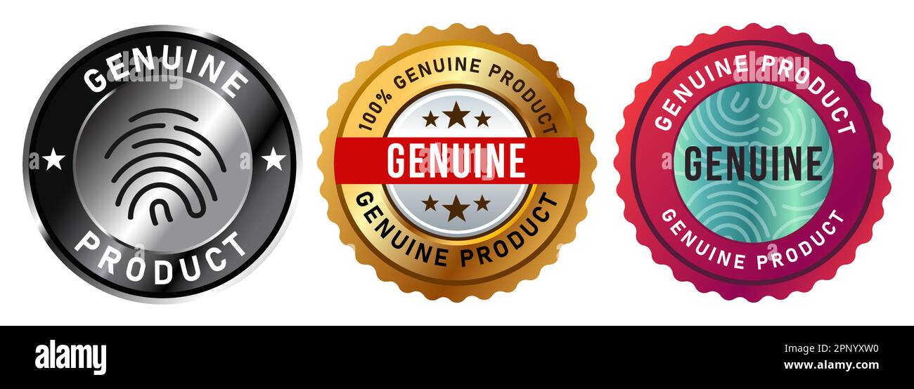 Genuine product badge stamp label sticker vector design emblem tag gold metal premium Stock ...