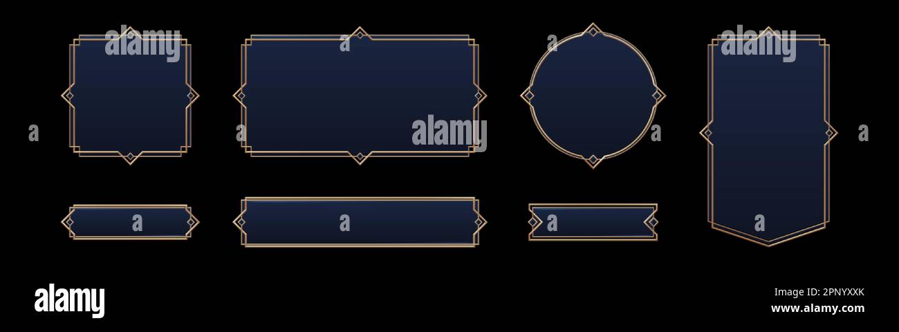 Realistic set of vintage avatar frames and game buttons isolated on black background. Vector ...