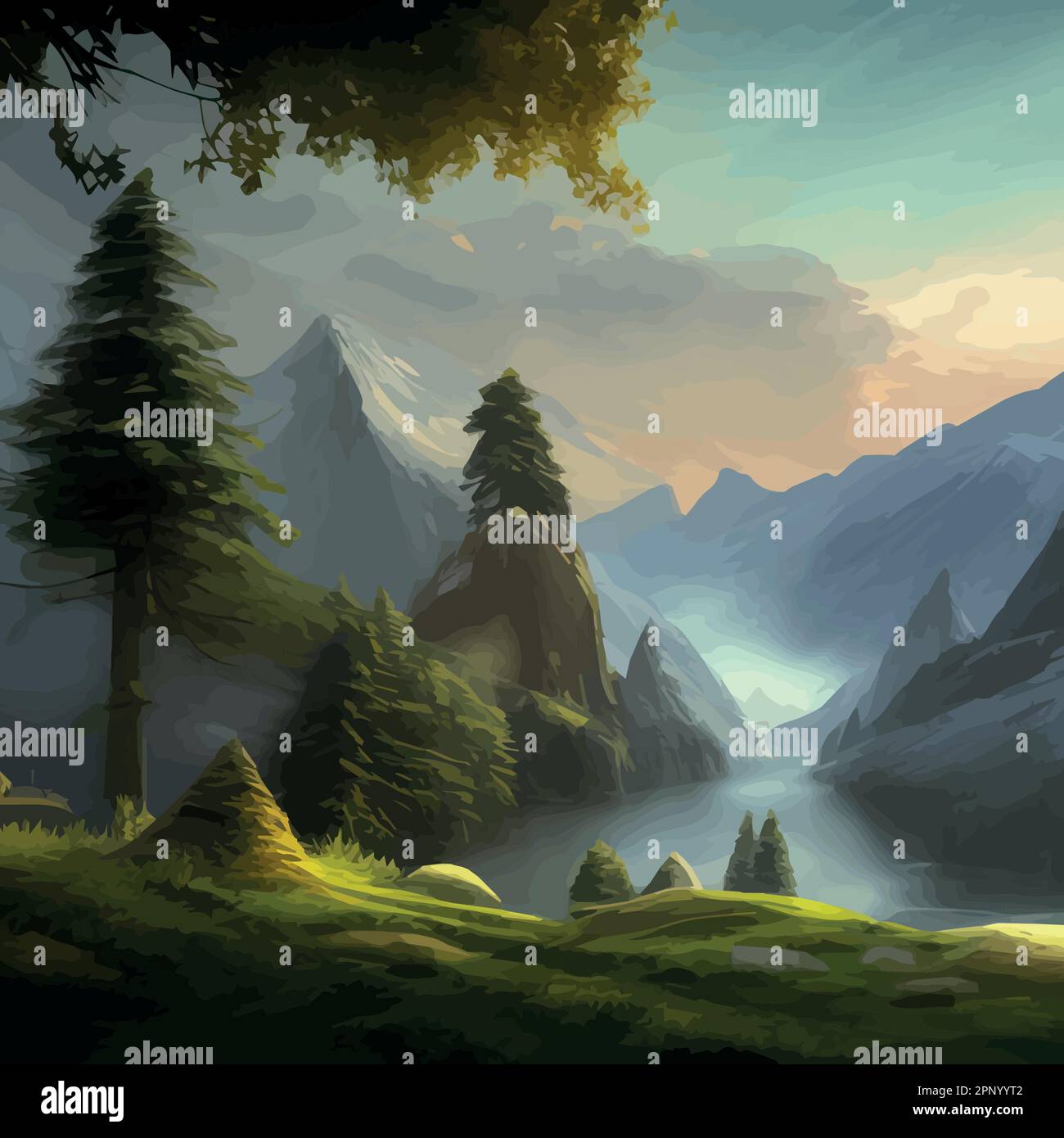 Beautiful river mountain forest. Landscape sharp mountains river bank ...