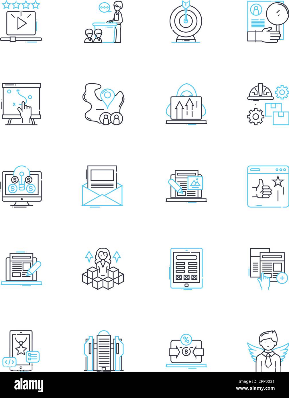 Advertising strategy linear icons set. Branding, Market segmentation ...