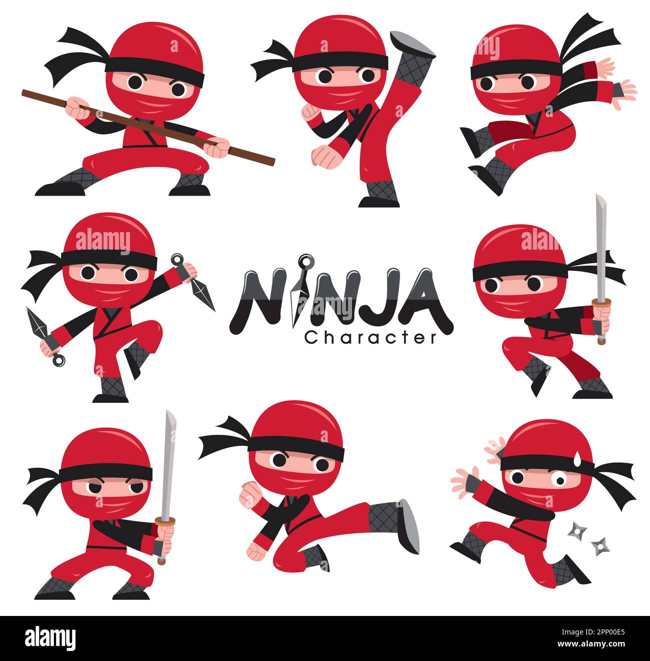 Vector illustration of Cartoon Ninja character set. fighting poses ...