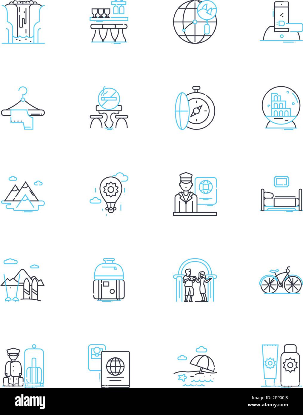 Professional voyages linear icons set. Expedition, Safari, Trek ...