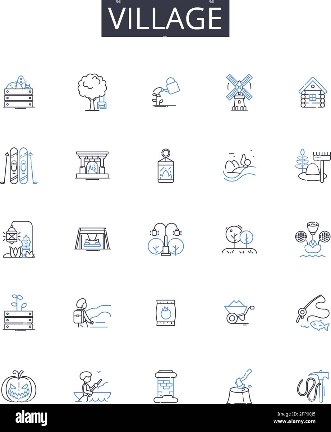 Village line icons collection. Hamlet, Small town, Rural community ...