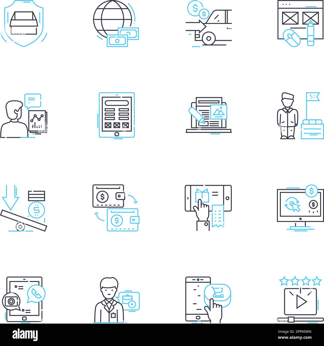 Market exploration linear icons set. analysis, research, survey, trends ...