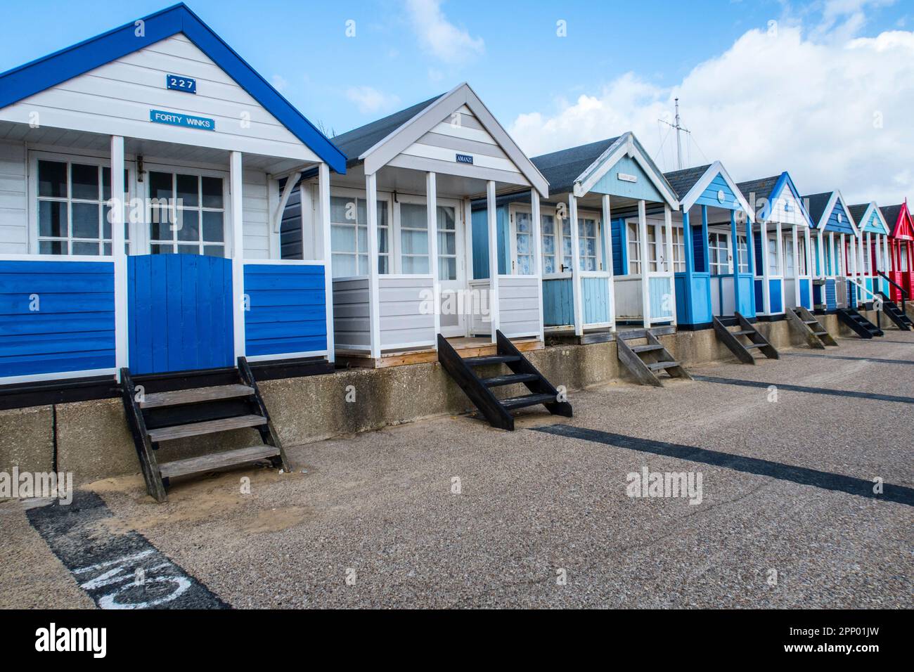 Beach huts on the coast in the seaside town of Southwold in Suffolk ...