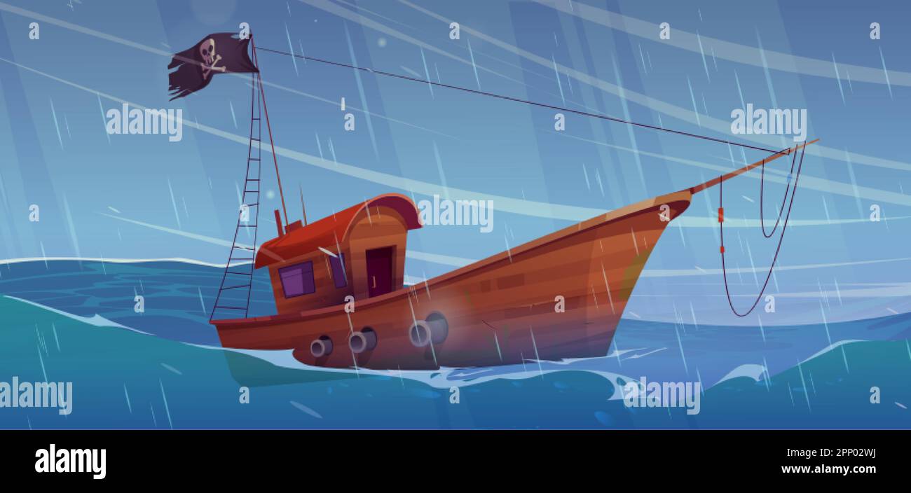 Pirate boat in storm sea vector nautical background. Danger wave in ...