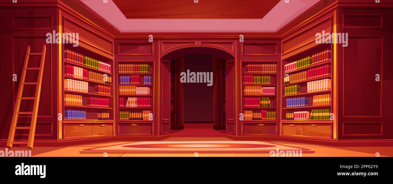 Cartoon library interior with bookshelf vector background. Wooden ...