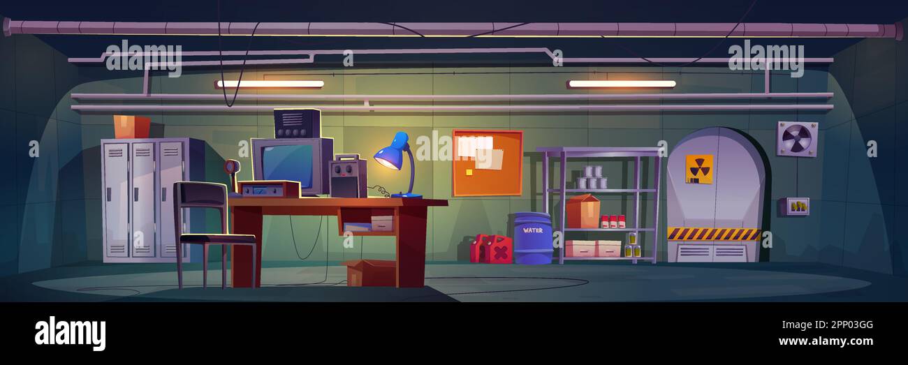 Underground shelter, secret bunker or lab. Control center basement room ...