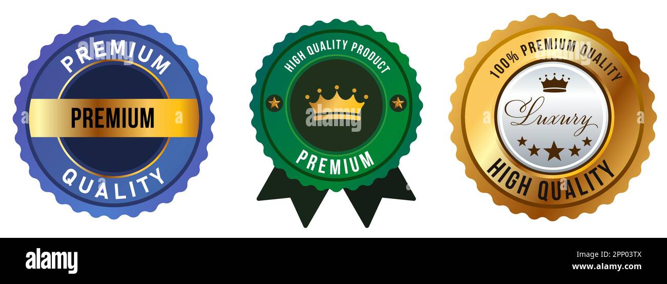 Premium quality badge emblem icon set of golden blue and green round ...