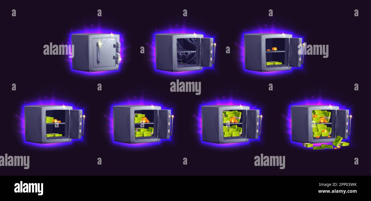 Cartoon set of safe boxes with money isolated on black background ...