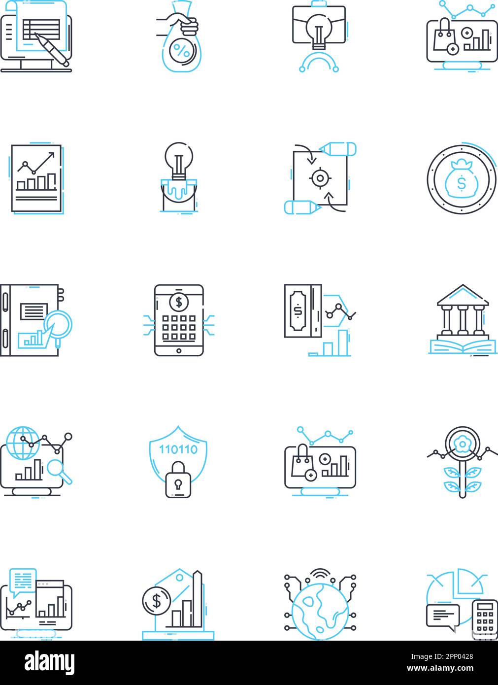 Financial assessment linear icons set. Budgeting, Analysis, Evaluation, Forecasting, Planning ...