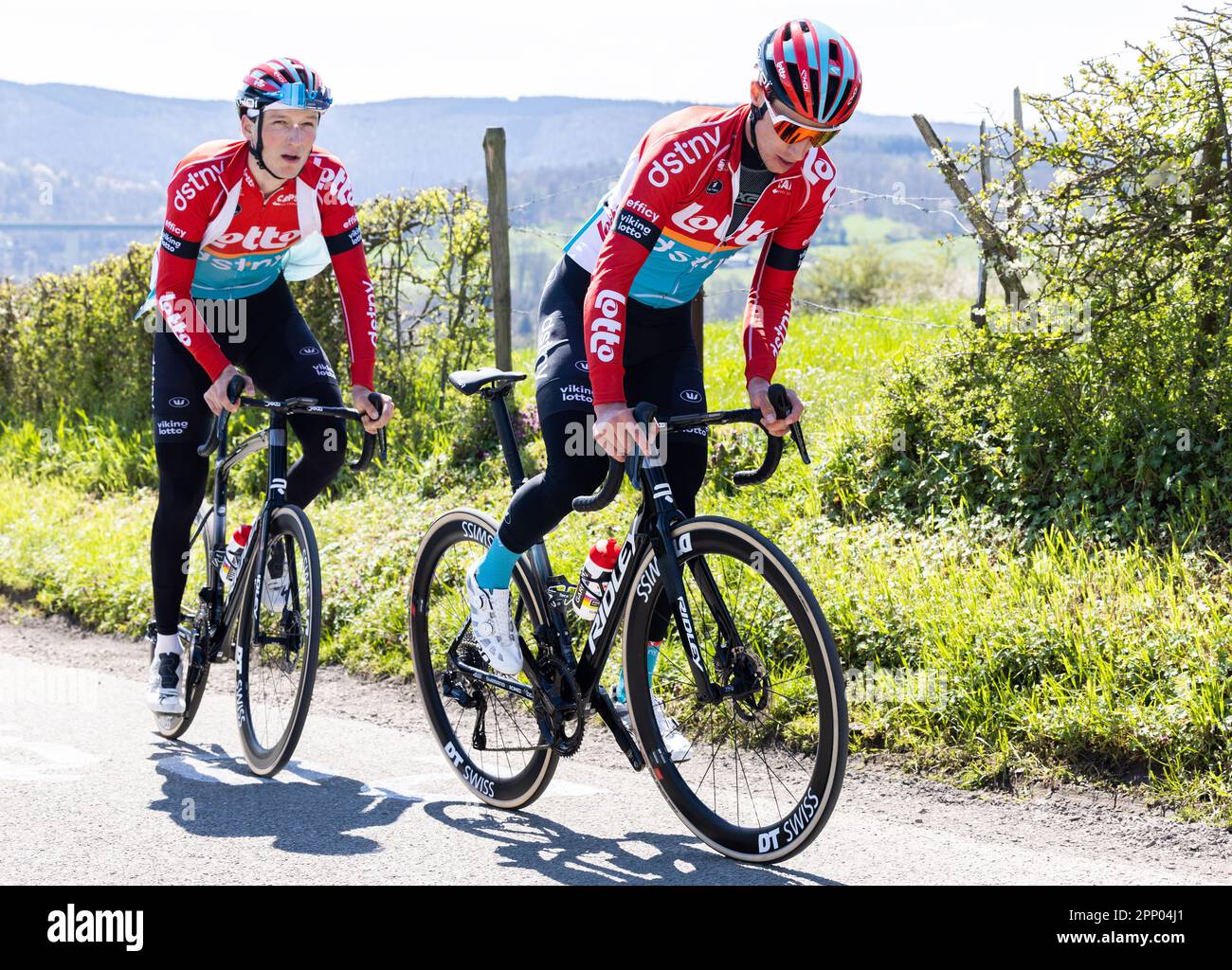 Remouchamps, Belgium. 21st Apr, 2023. Lotto Team riders pictured in action during and a training ...
