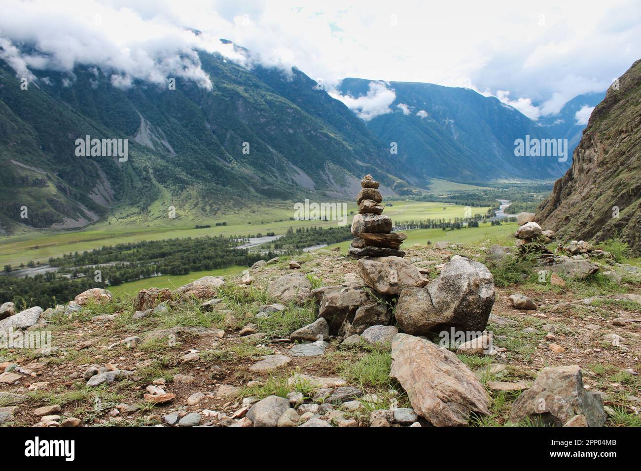 Stone pyramid in river valley Chulyshman. Natural mountain landscape ...