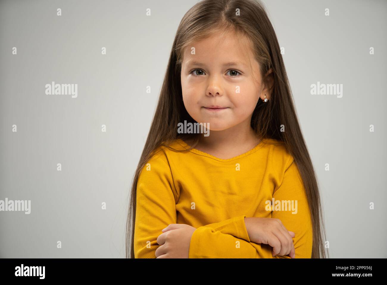 Adorable six years old girl isolated on white studio background, pretty ...
