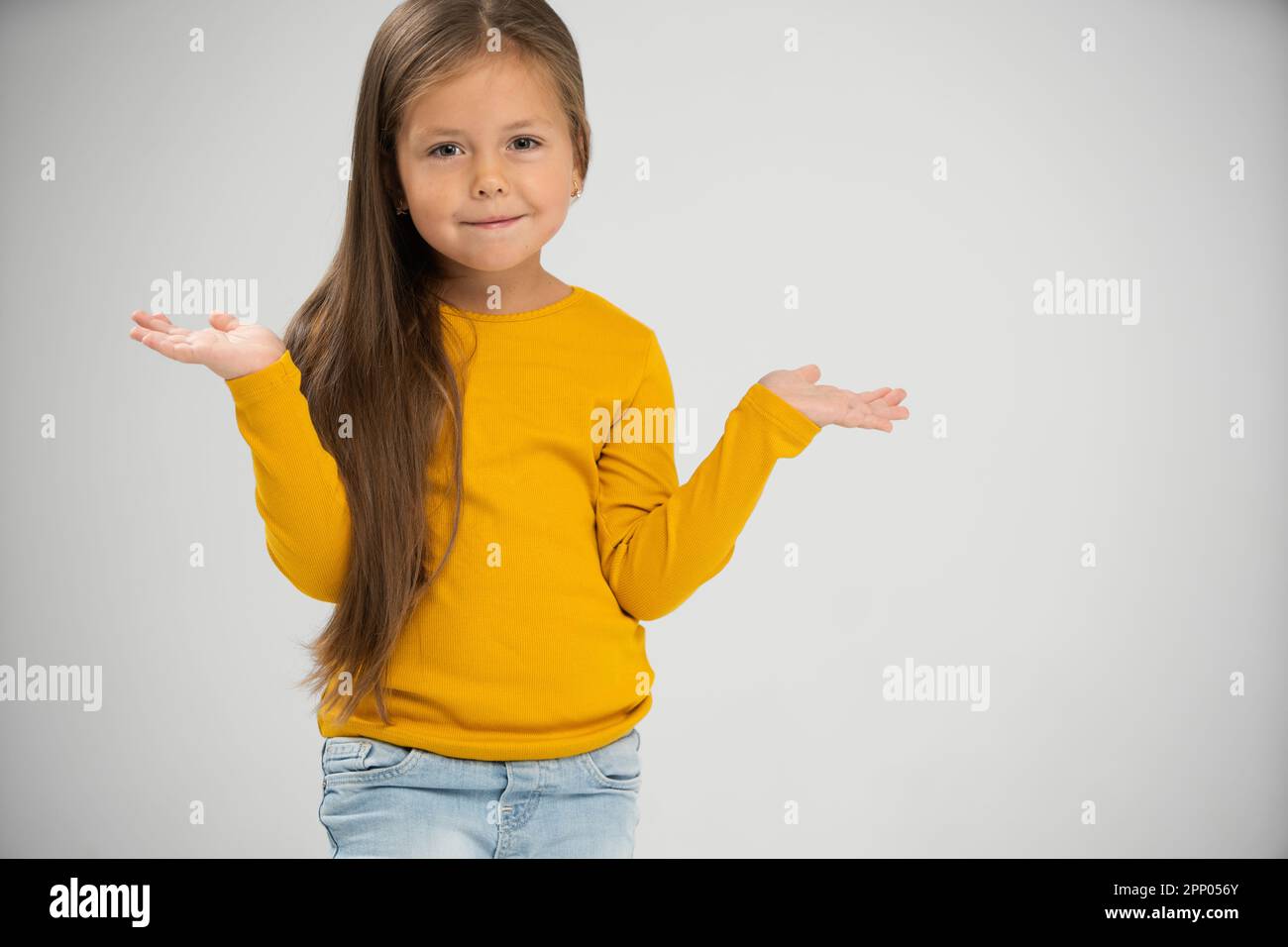 Adorable six years old girl isolated on white studio background, pretty ...