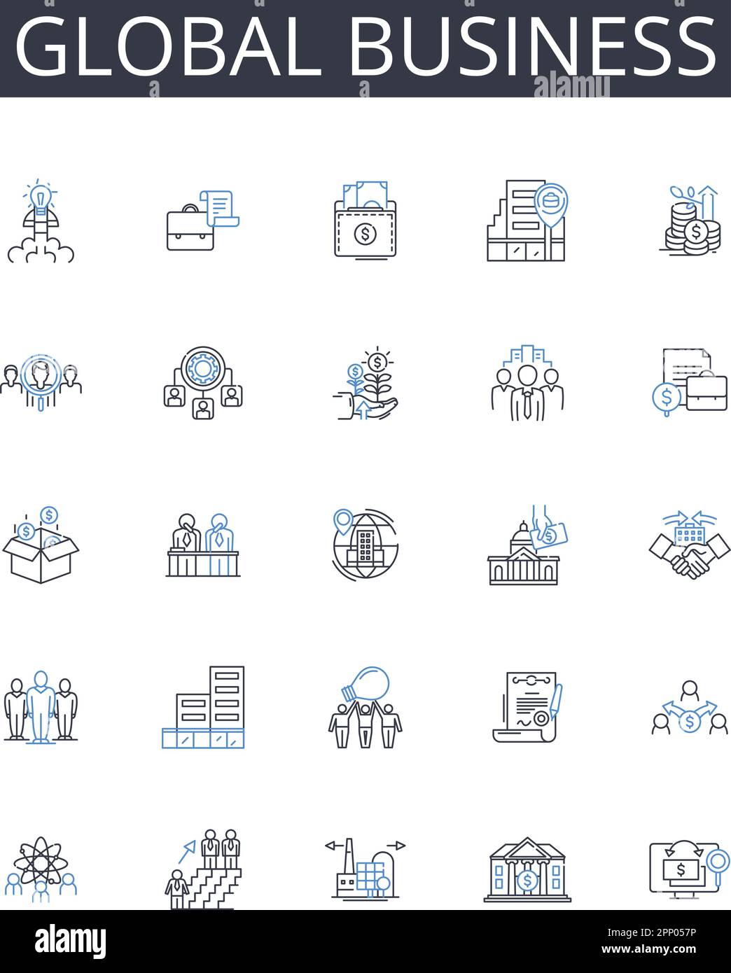 Global business line icons collection. International trade, Worldwide commerce, Global economy ...