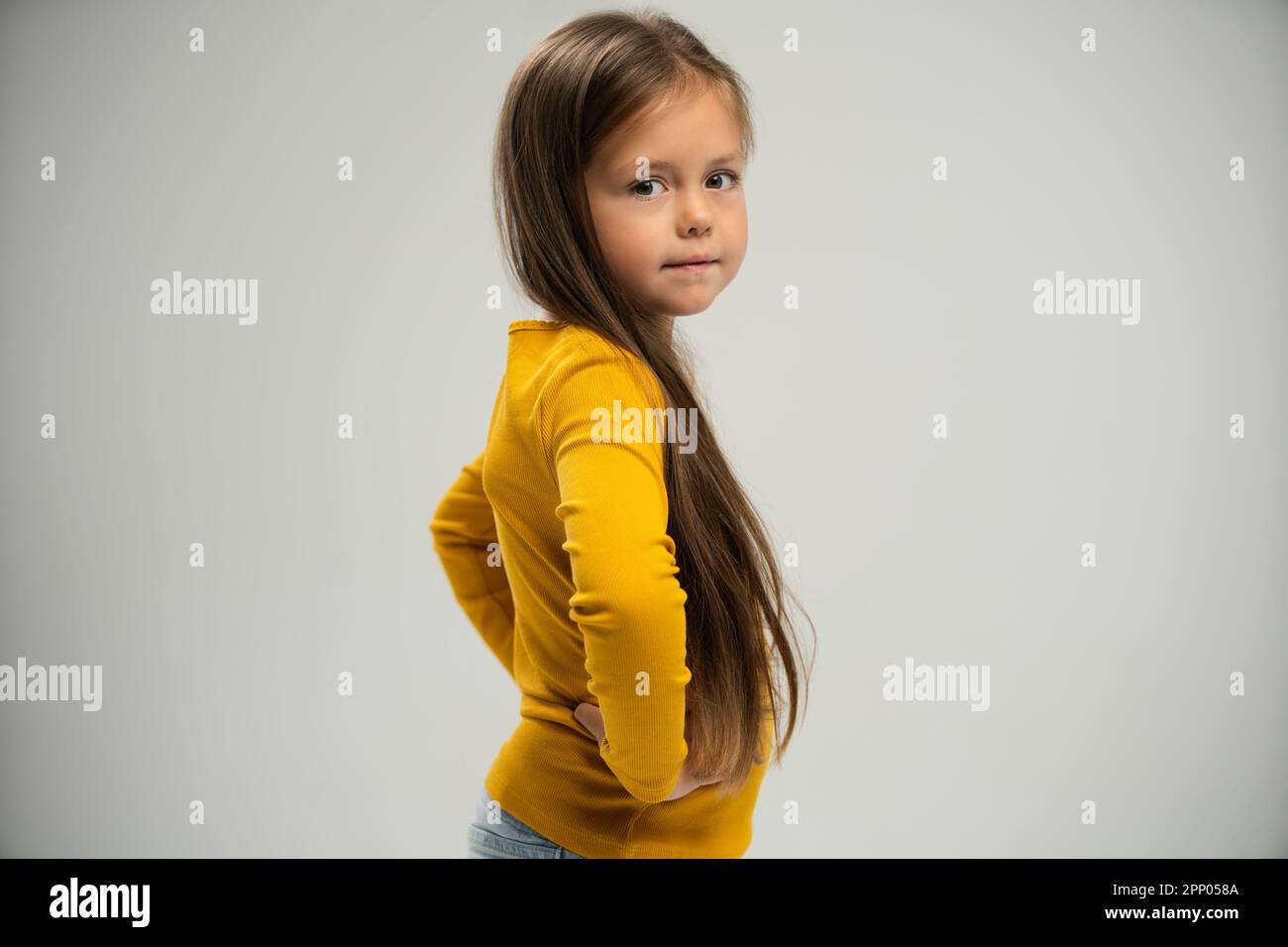 Adorable six years old girl isolated on white studio background, pretty ...