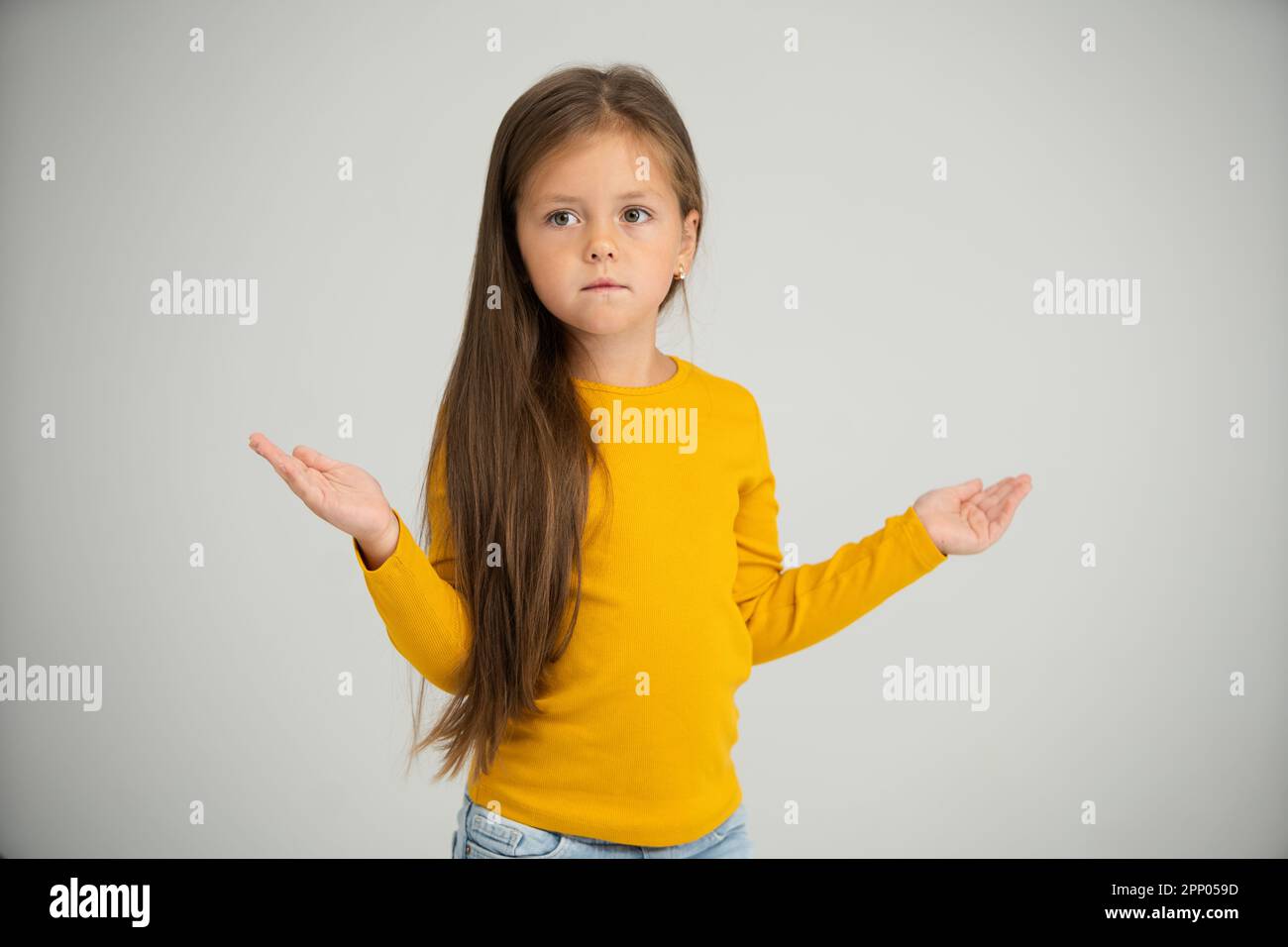 Adorable six years old girl isolated on white studio background, pretty ...