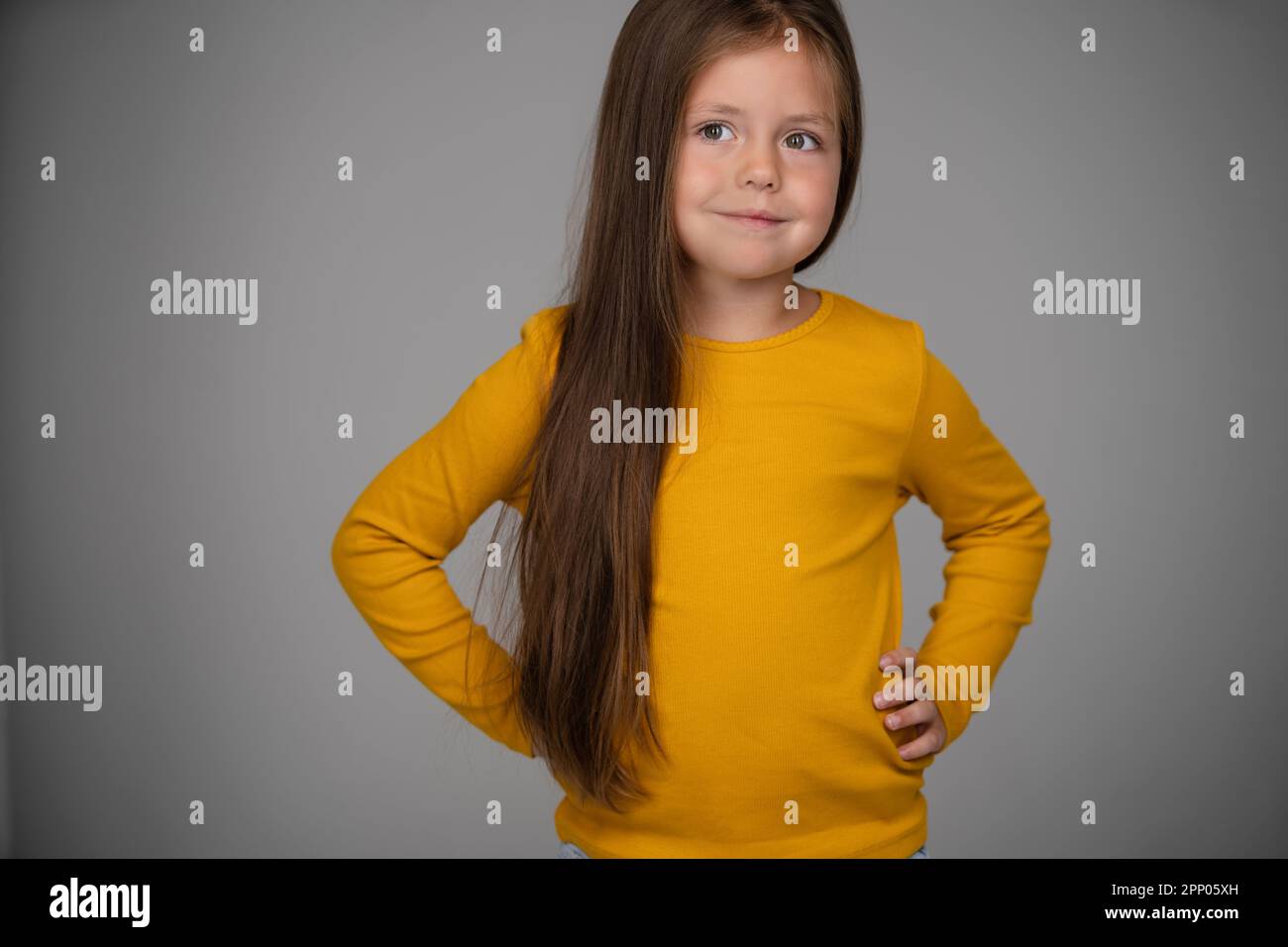 Adorable six years old girl isolated on white studio background, pretty ...