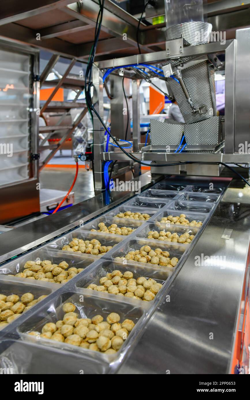Many meatballs food production line on conveyor belt equipment ...
