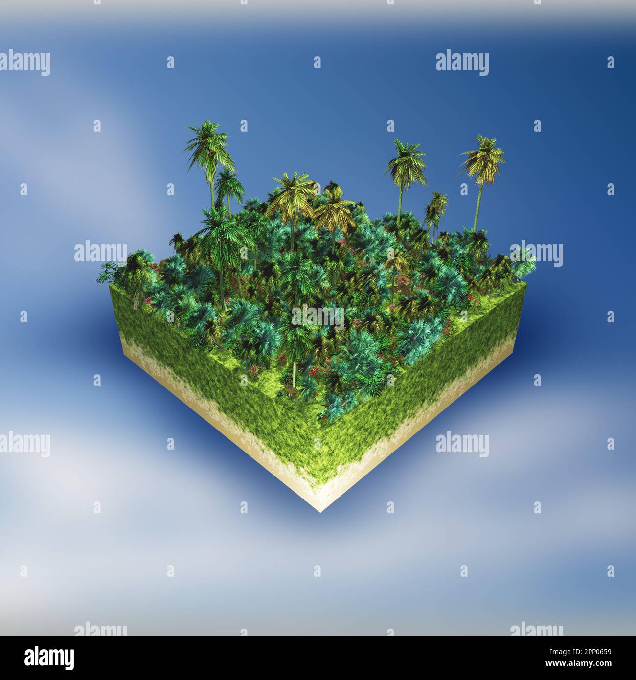 3D render of an abstract landscape with a palm tree cube Stock Photo ...