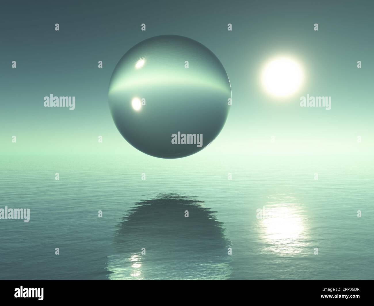 3D render of a surreal landscape with glass sphere floating above the ...