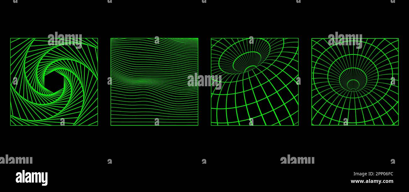 3D wireframe posters with geometric shapes and grids in trendy retro ...