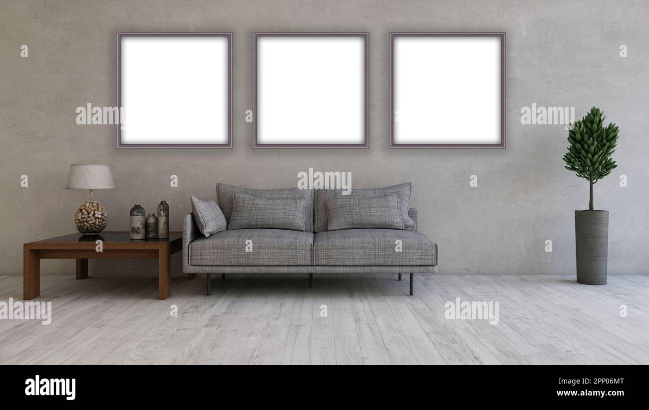 3D render of a contemporary Living Room Interior with three blank ...