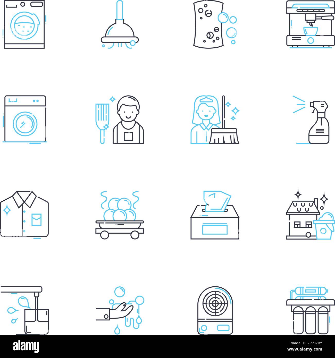 House cleaning linear icons set. Sweep, Scrub, Dust, Polish, Vacuum, Mop, Tidy line vector and ...