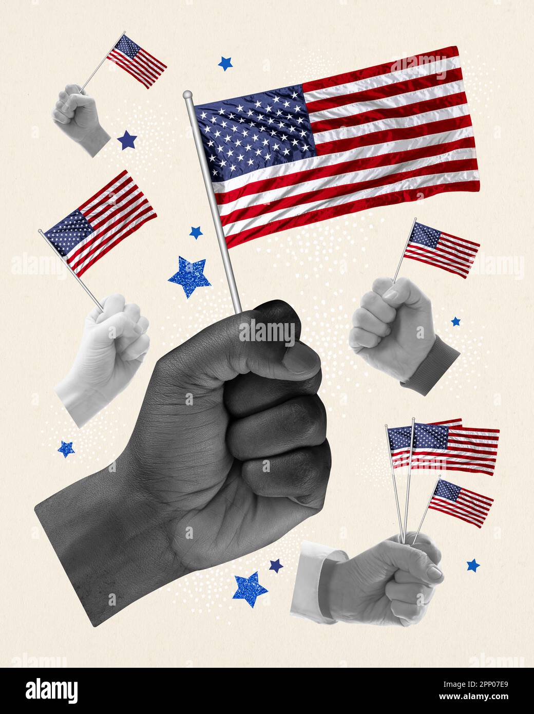Male hands, fists holding american flags over pastel background. Happy ...