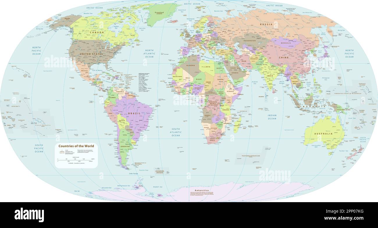 High details political world map natural earth 2 projection Stock ...