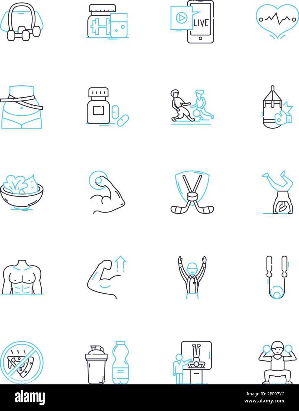 Workout facility linear icons set. Fitness, Gym, Exercise, Training, Strength, Cardio, Sweat ...