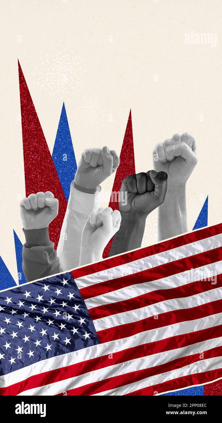 Human fistis raising up over american flag and celebrating independence ...