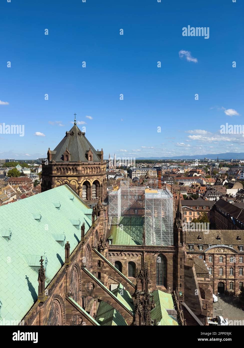 An aerial view from Notre-Dame de Strasbourg, a majestic cathedral and ...
