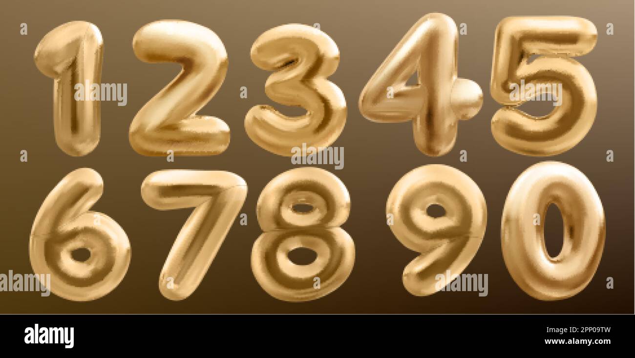 3d gold balloon number font, realistic isolated vector set. Golden ...