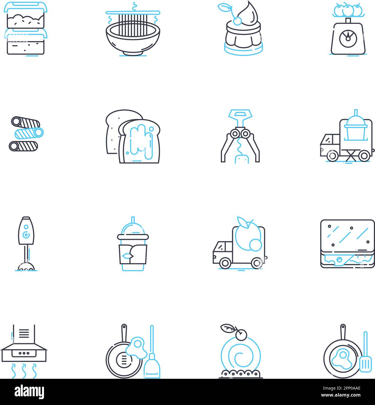 Food-preparation linear icons set. Chop, Blend, Bake, Saut?, Roast ...