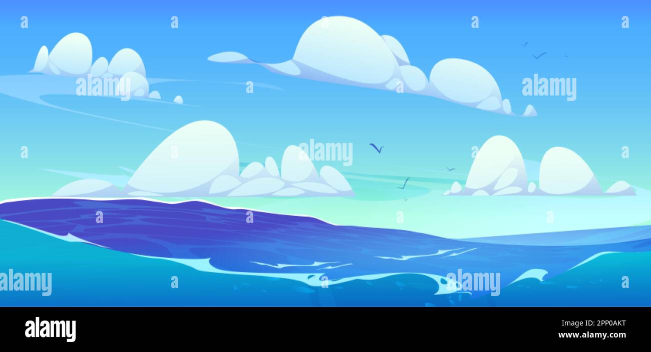 Ocean wave and blue sky with cloud vector background. Sea cartoon ...
