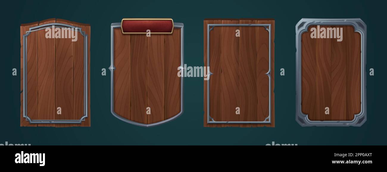 Cartoon set of medieval wooden signboards ornated with iron frame ...