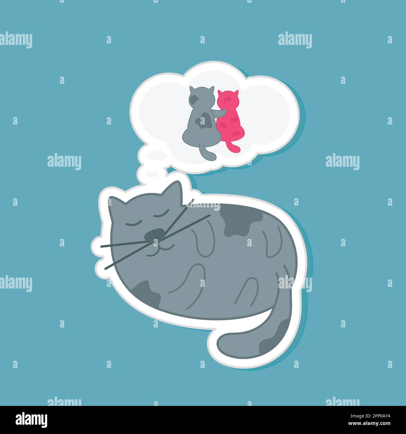 Cute Cat Dreaming Of Partner Against Blue Background In Sticker Style ...